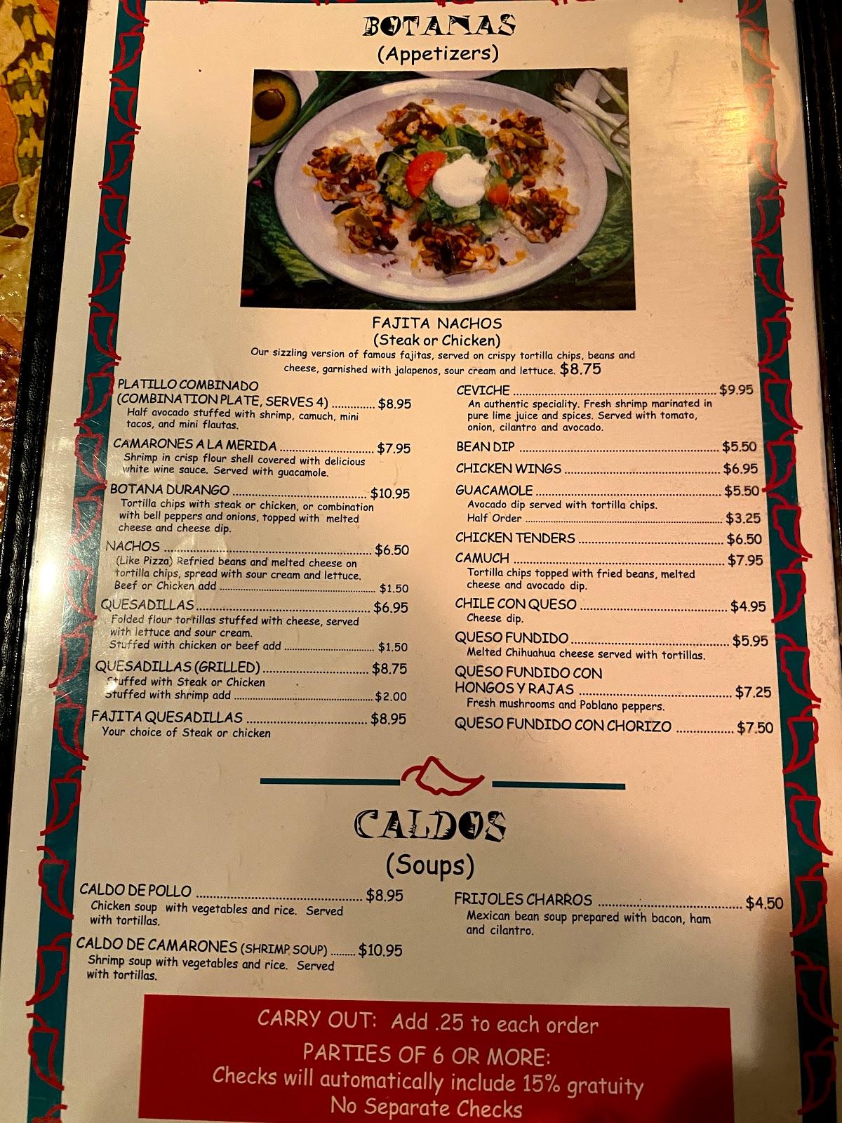 Menu at Durango's restaurant, Lexington