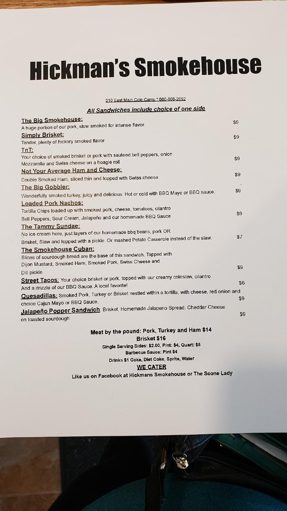 Menu at Hickman’s Smokehouse and the Scone Lady restaurant, Cole Camp