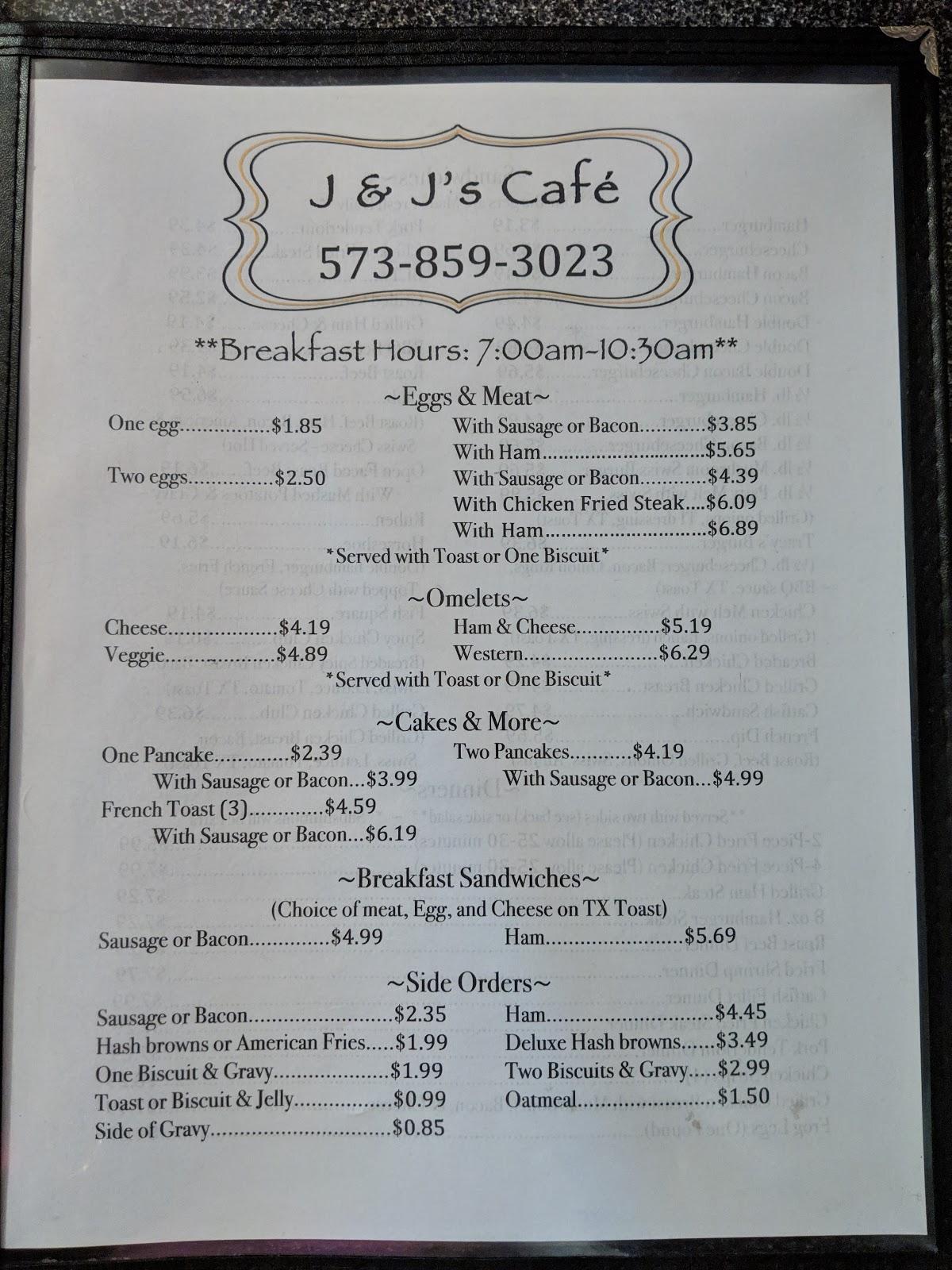 Menu at J and J's Restaurant, Belle
