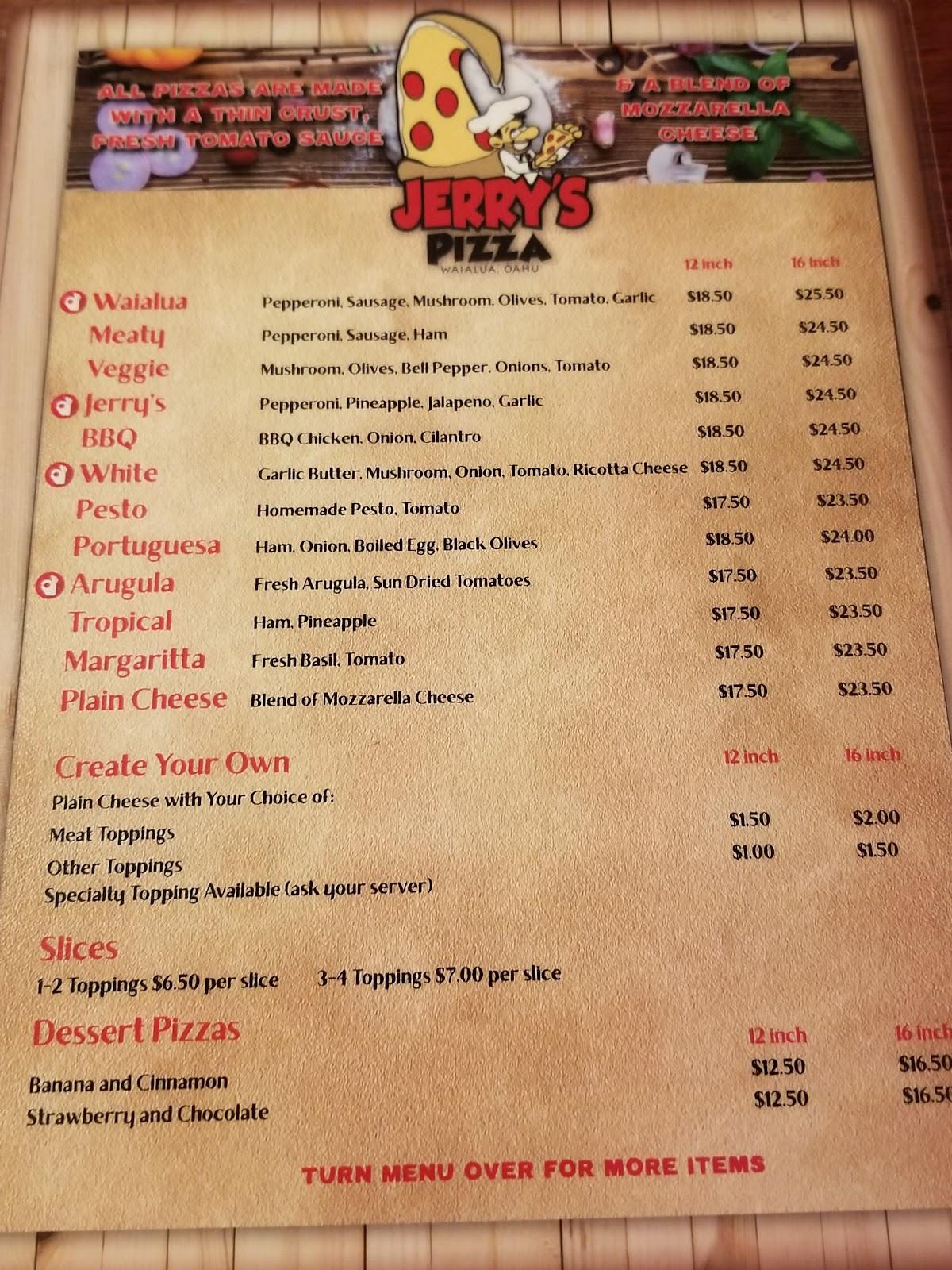 Menu at Jerry's Pizza Mill pizzeria, Waialua