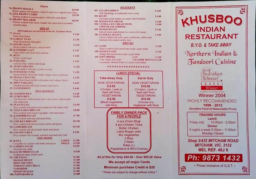 Menu at Khusboo Indian Restaurant & Takeaway, Mitcham
