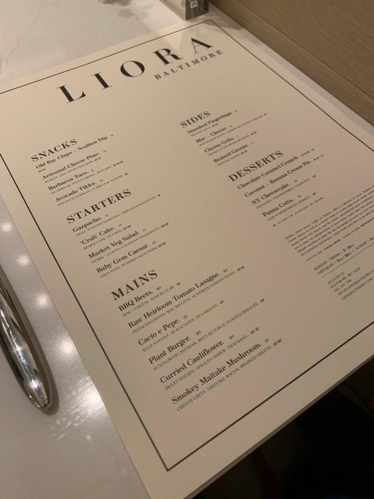Menu at LIORA restaurant, Baltimore