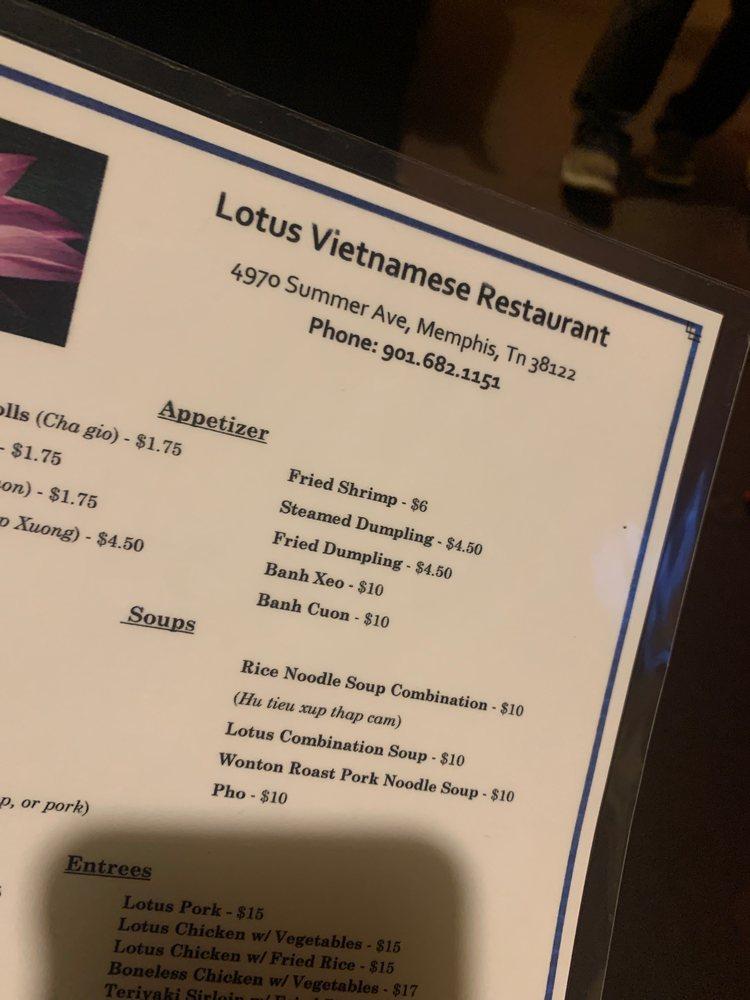 Menu at Lotus Vietnamese Restaurant, Memphis