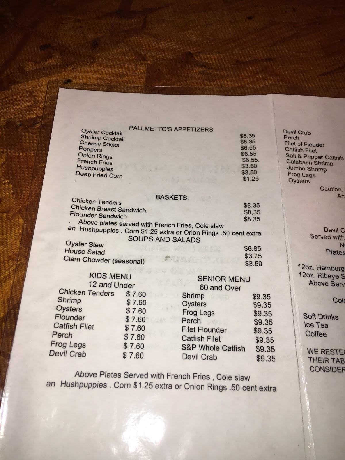 Menu at Palmetto Seafood Bar & Grill, York