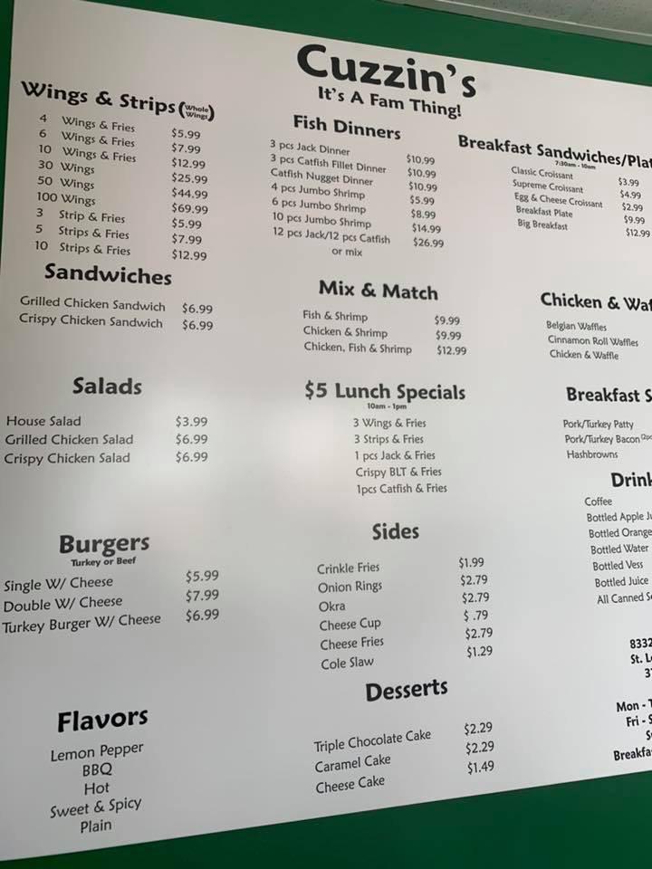 Menu at Cuzzin’s Kitchen & Snacks restaurant, Hazelwood
