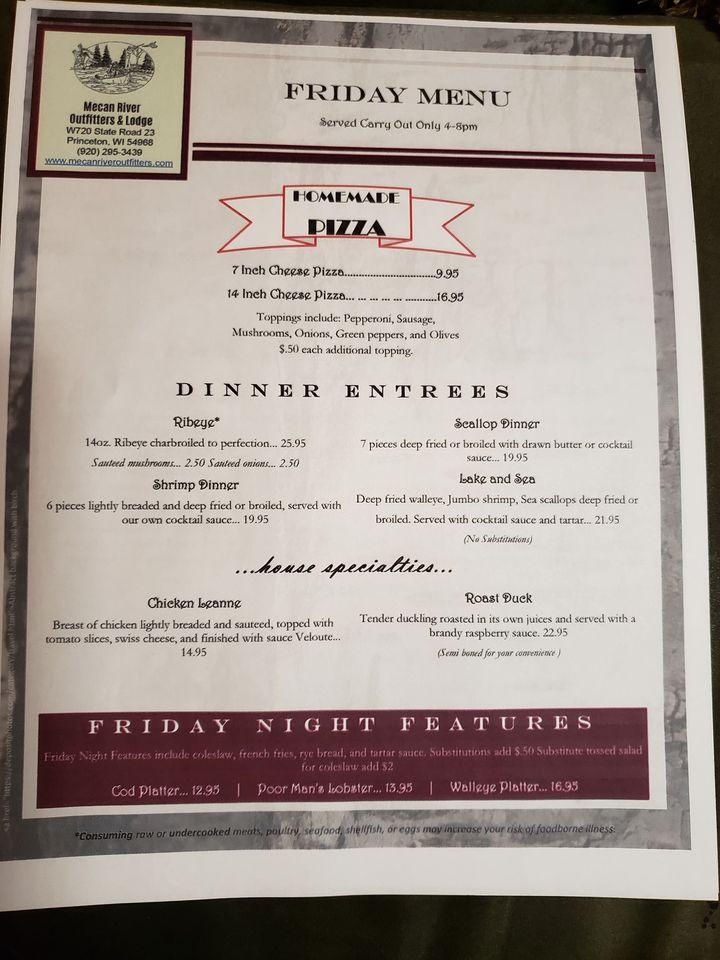 Carta del restaurante Mecan River Outfitters & Lodge, Estados Unidos