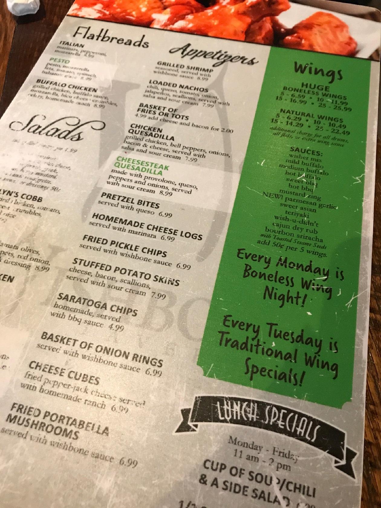 Menu at Wishbone Tavern pub & bar, Cincinnati, Delhi Ave