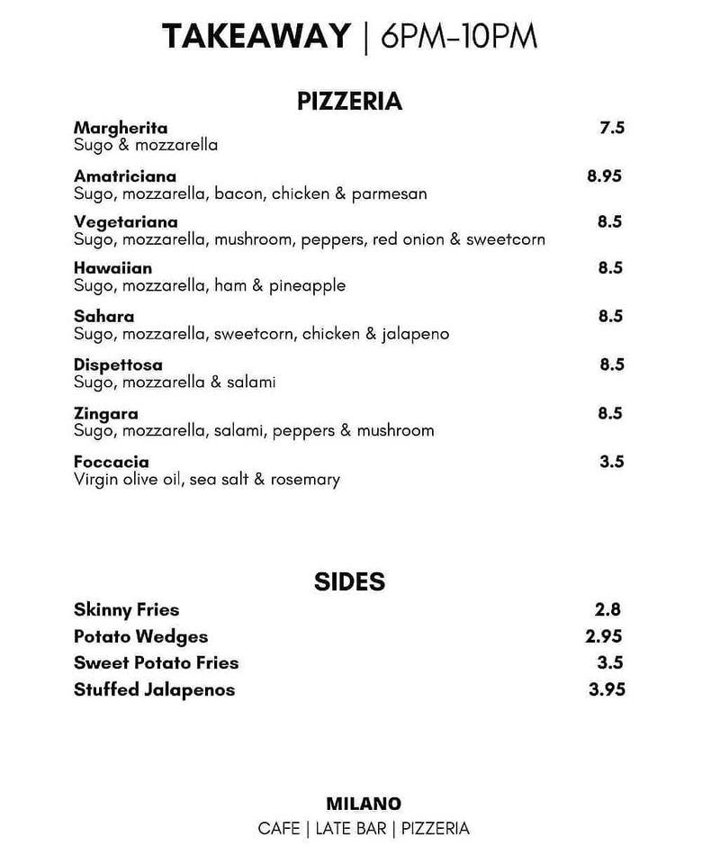 Menu at Bar Milano Pizzeria, Hamilton