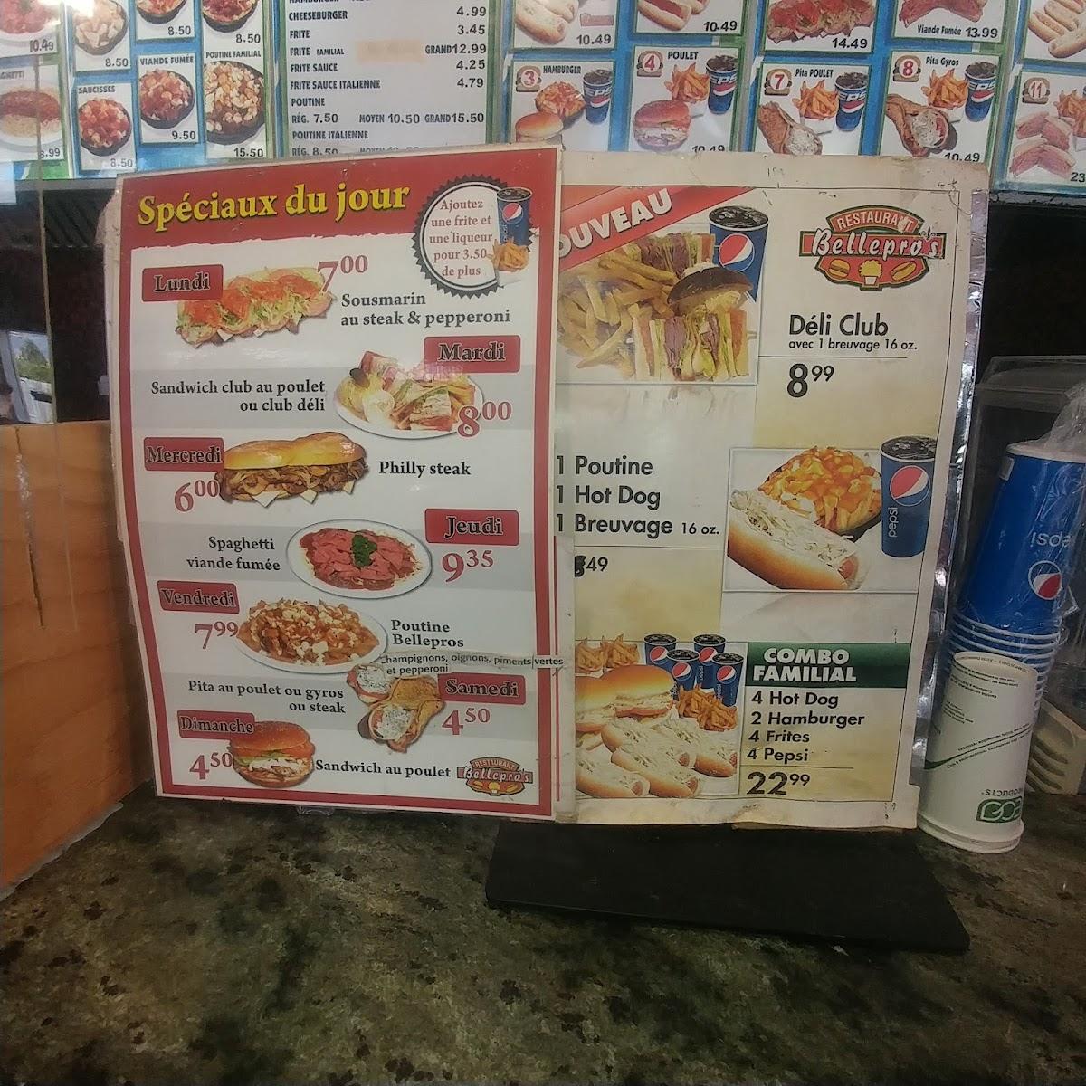 Menu au Belle Pro's restaurant, Mascouche, 235 Mnt Masson