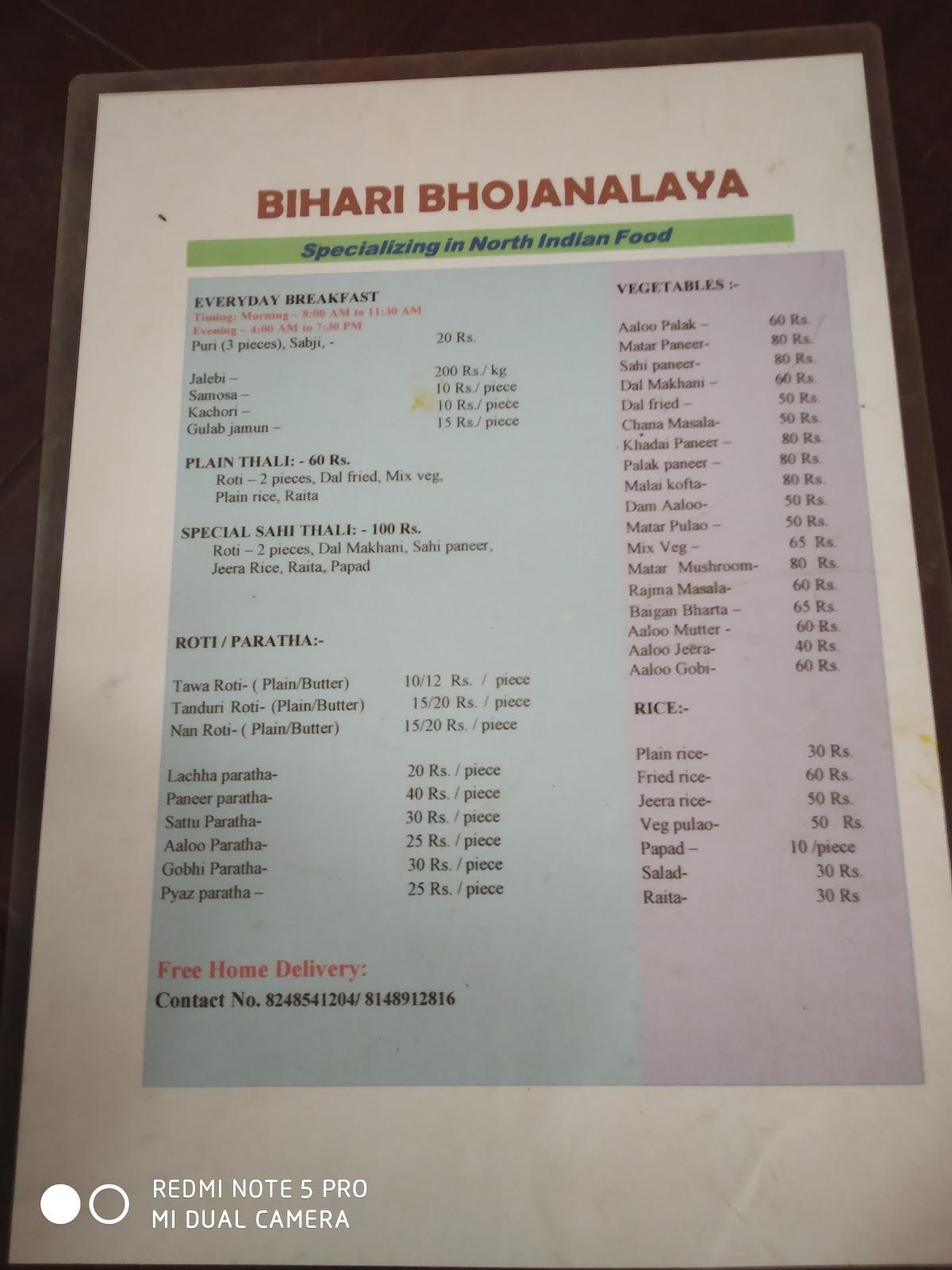 Menu at Bihari Bhojnalay, Kalapet