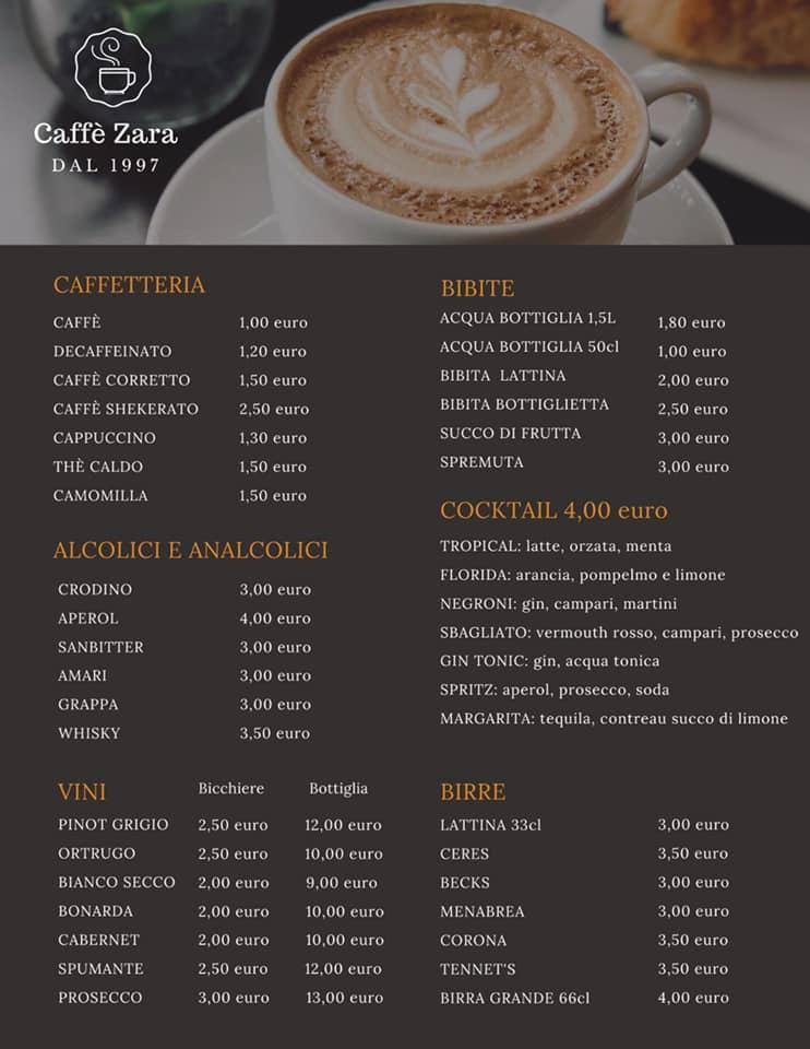Menu at Caffè Zara pub & bar, Milan