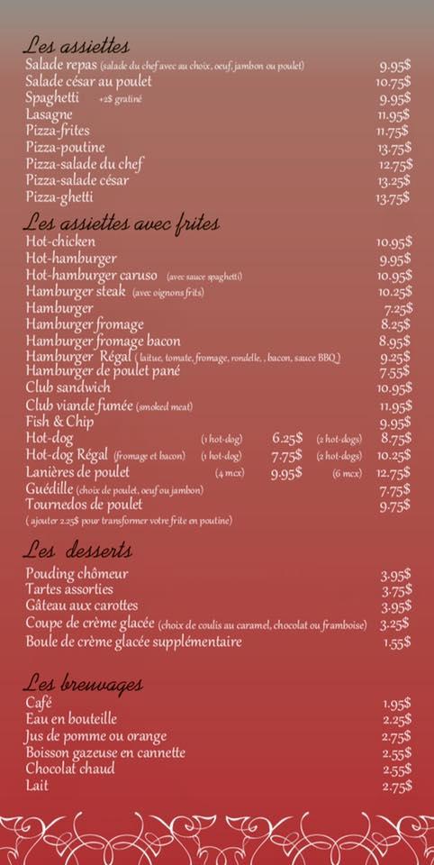 Menu at Château Régal pizzeria, Château-Richer