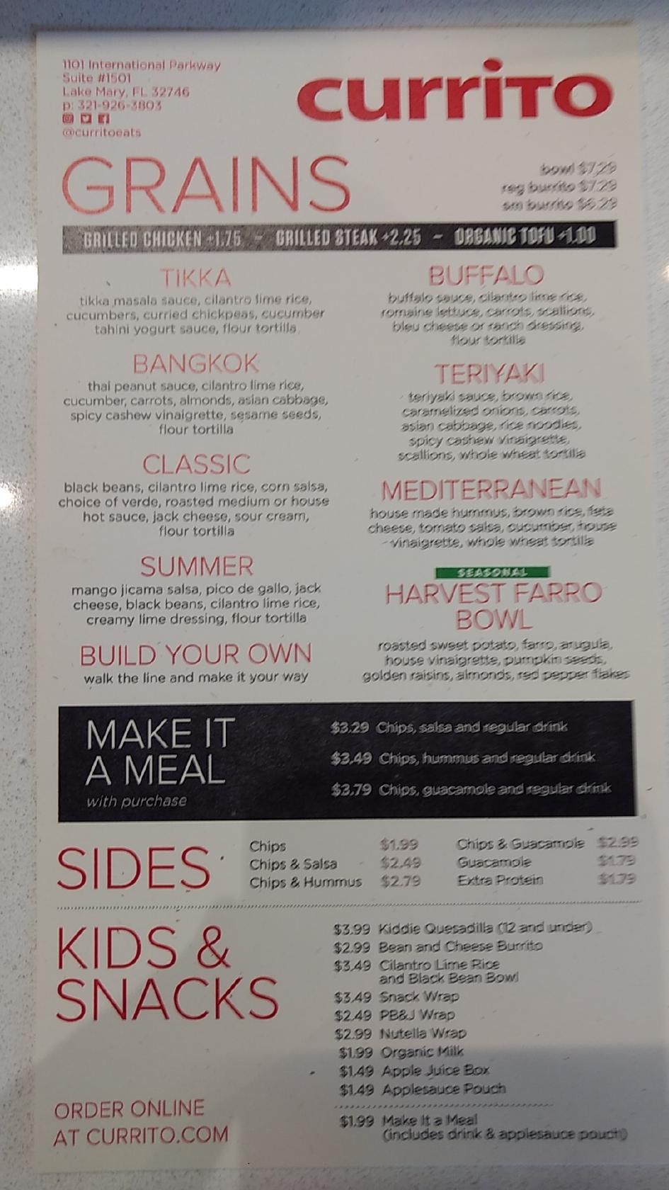 Menu at Currito pub & bar, Lake Mary
