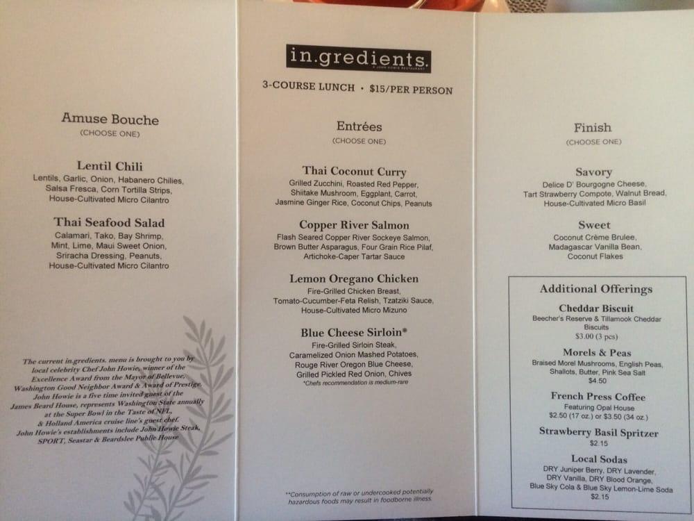 Menu at In.gredients restaurant, Redmond