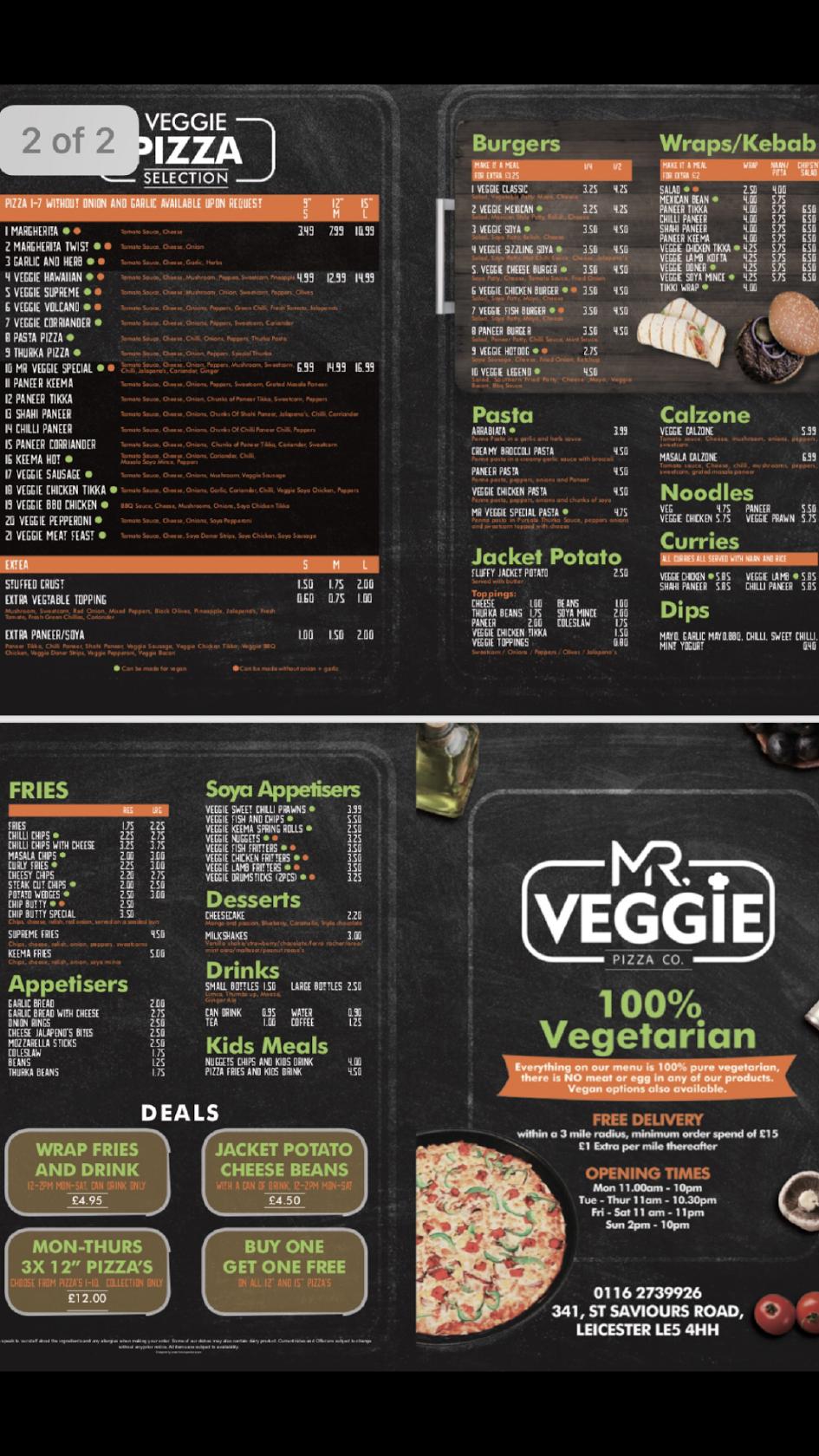 Menu at Mr Veggie restaurant, Leicester