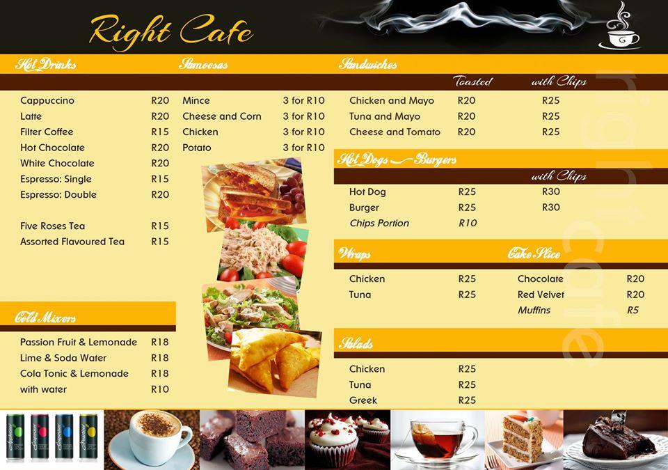 Menu at RIGHT CAFE, Durban