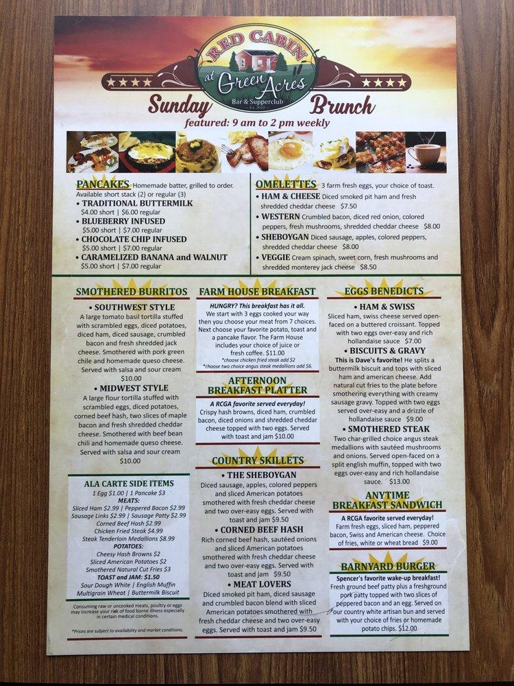 Menu at Red Cabin at Green Acres pub & bar, USA, W2701 4th St