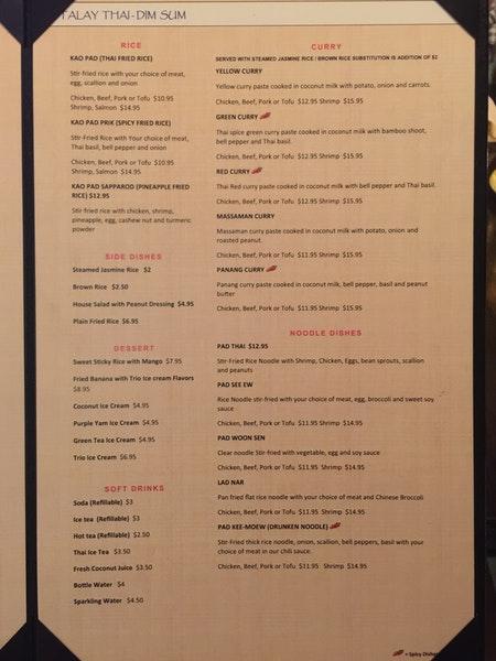 Menu at Talay Thai Restaurant, Rancho Mirage
