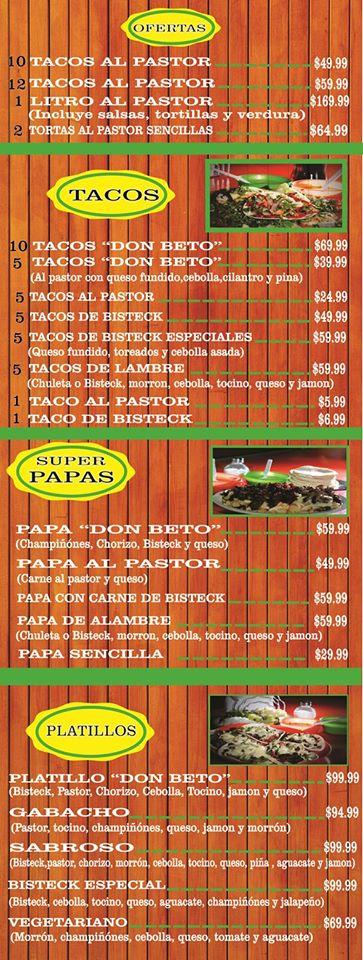 Menu at Taquerias Don Beto "El Rey Del Pastor" restaurant, Chihuahua