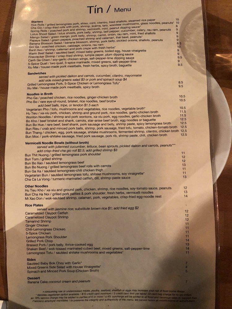 Menu at Tin Vietnamese Cuisine restaurant, San Francisco