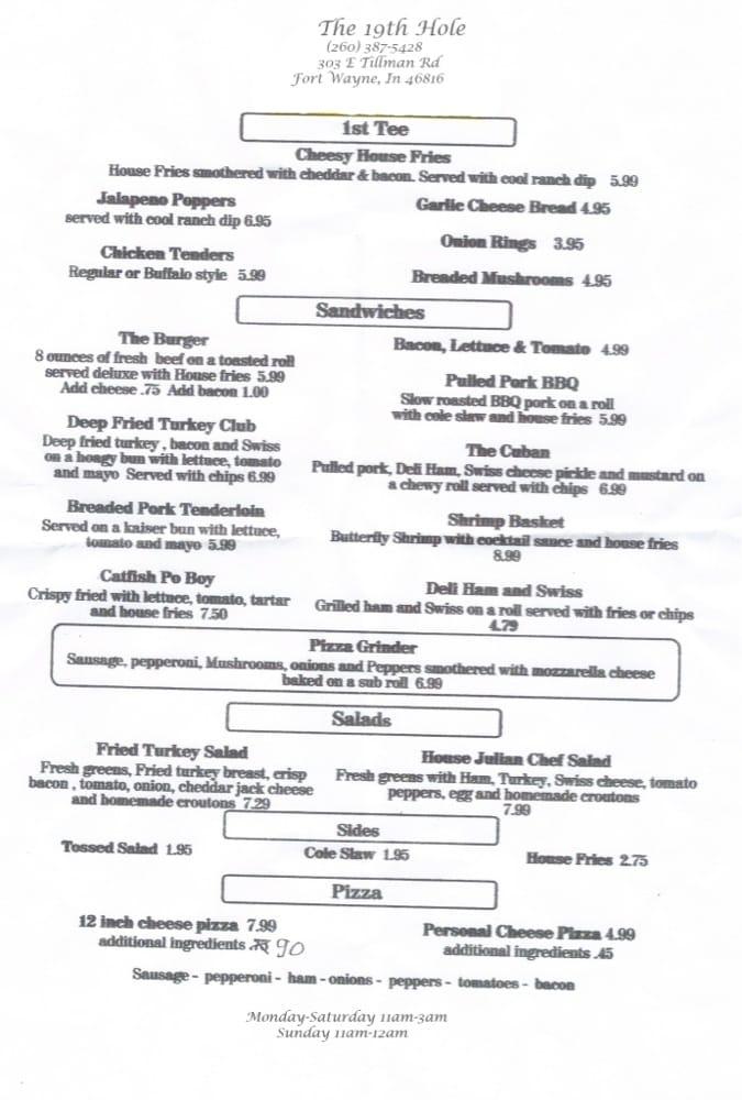 Menu at 19th Hole pub & bar, Fort Wayne