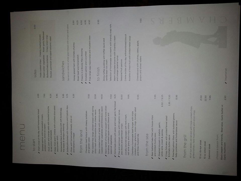 Menu at Chambers Restaurant, Shrewsbury, Butcher Row