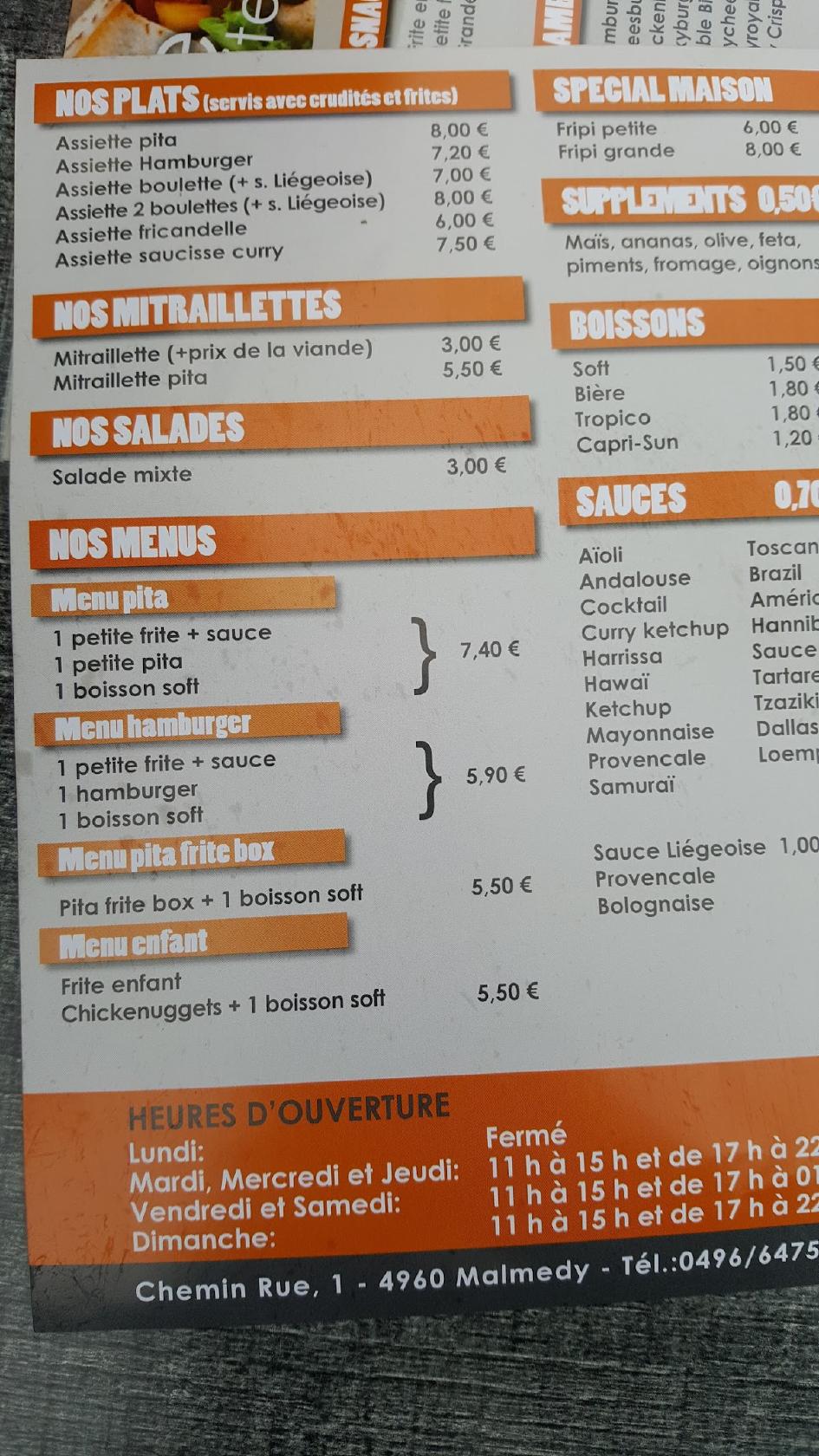 Menu at Chez Murat, Malmedy