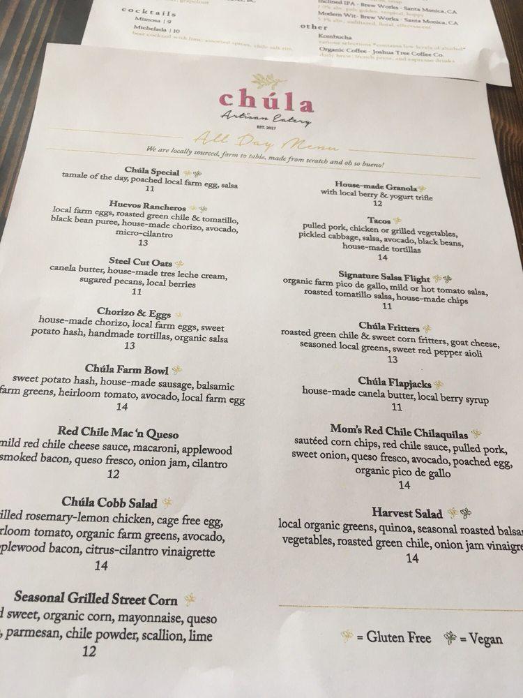 Menu at Chula Artisan Eatery cafe, La Quinta