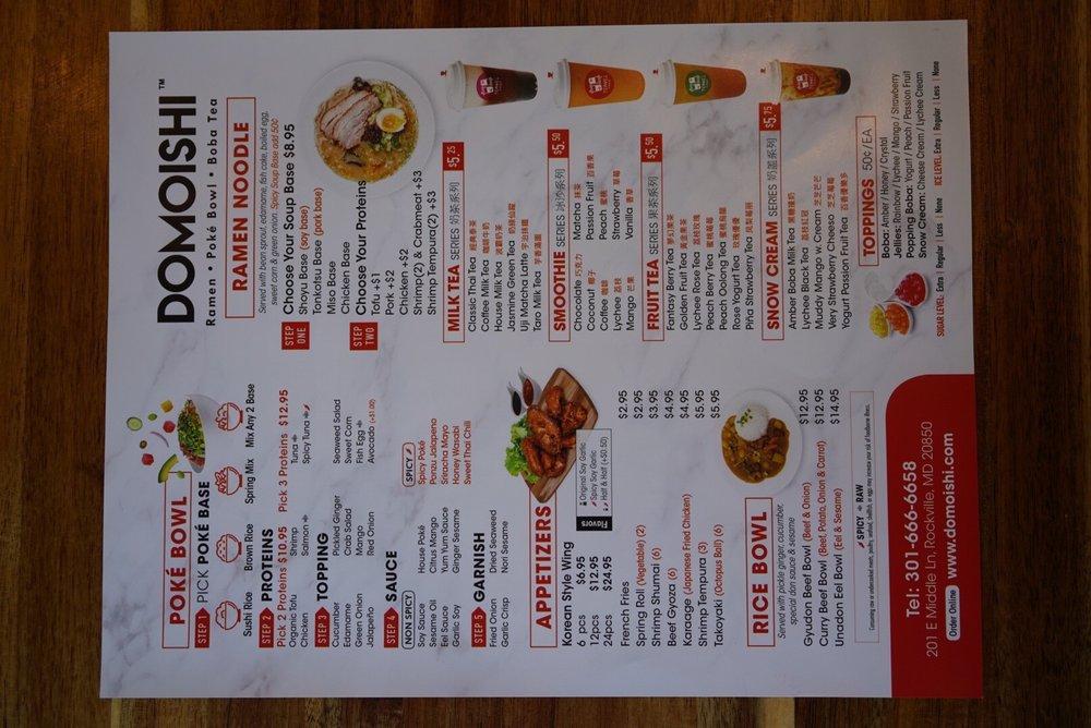 Menu at DOMOISHI ramen-poke-tea-wings restaurant, Rockville
