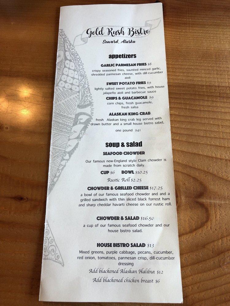 Menu at Gold Rush Bistro restaurant, Seward