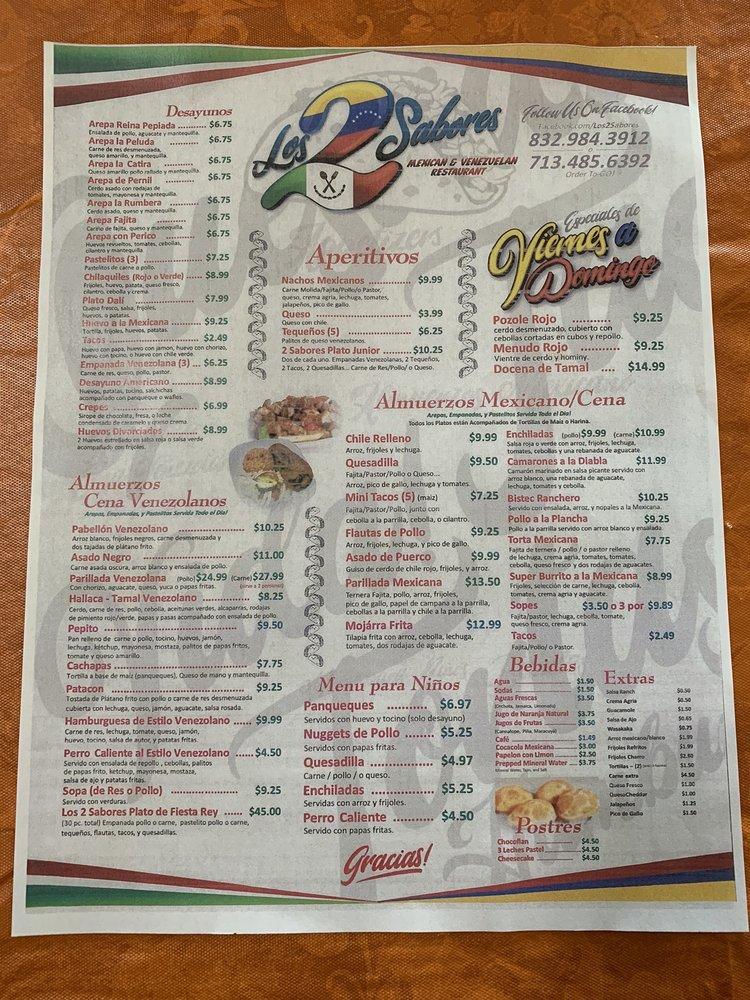 Menu at Los 2 Sabores restaurant, Pasadena