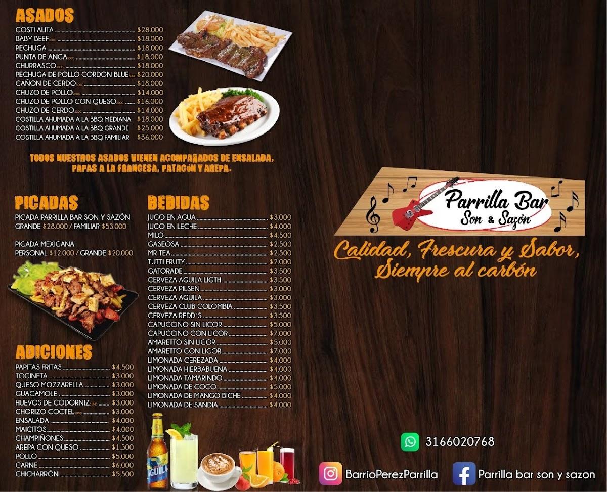 Carta de Parrilla bar son y sazon, Bello