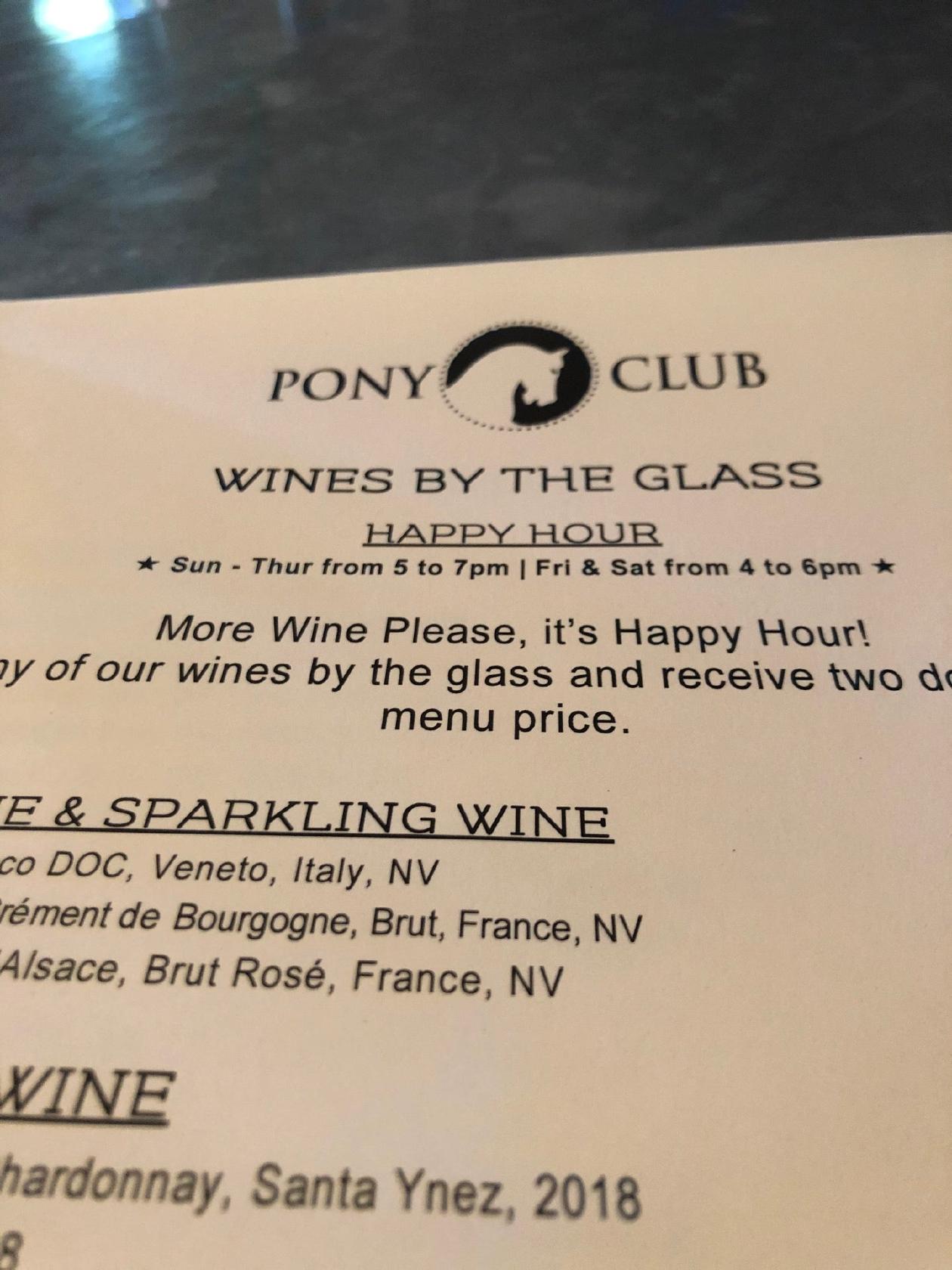 Menu at Pony Club Bar & Lounge, Paso Robles