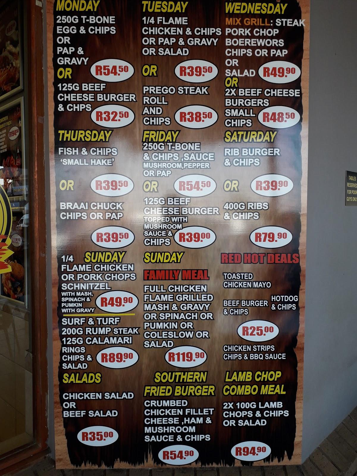 Menu at Poor Guys Fast Food, Pretoria