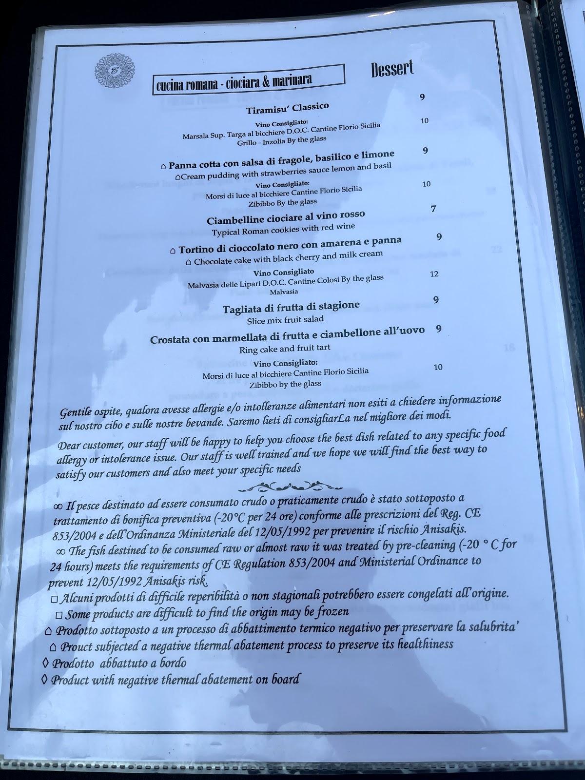Menu at Ristorante Clotilde Roma, Rome, Piazza Cardelli