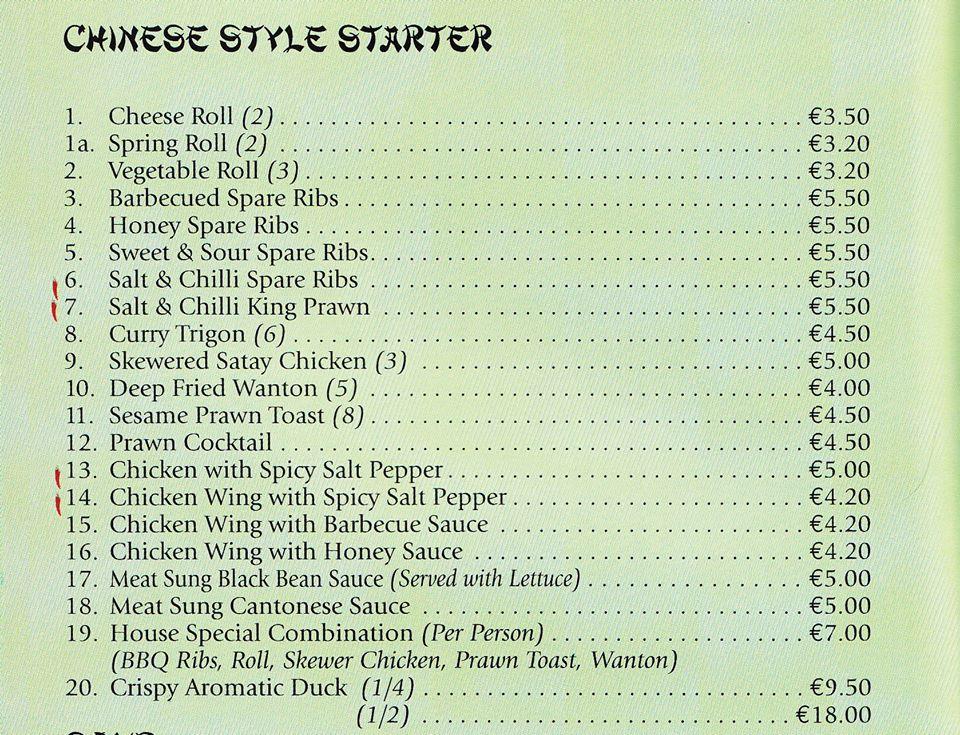 Menu at River Palace restaurant, Ireland
