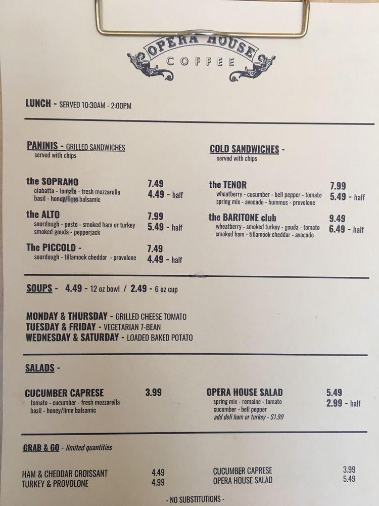 Menu at Opera House Coffee cafe, Durant