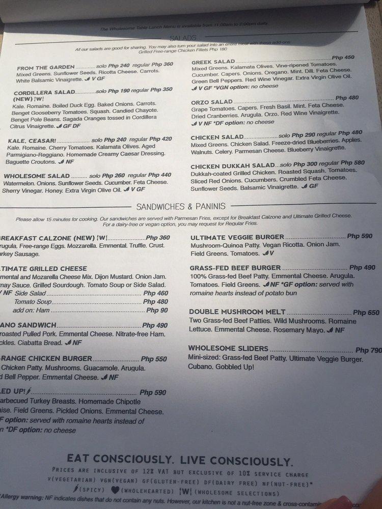 Menu at The Wholesome Table BGC restaurant, Taguig, Central Square