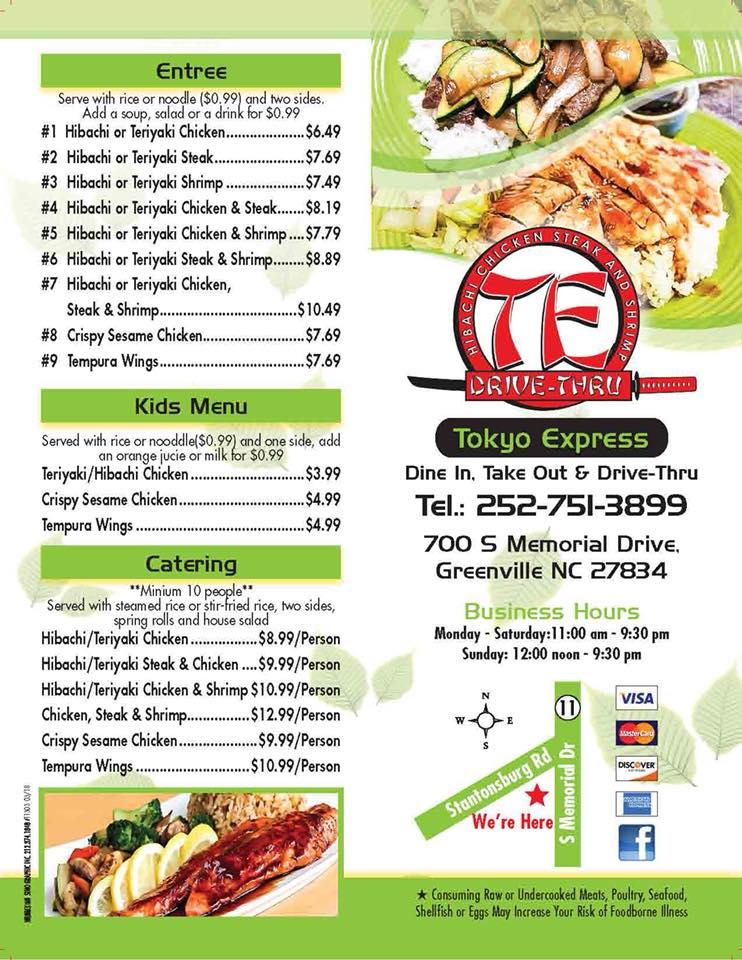 Menu at Tokyo Express restaurant, Greenville