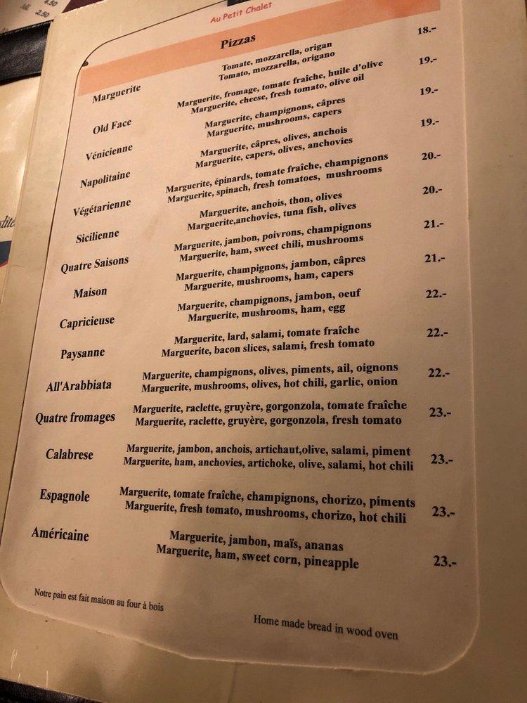 Menu at Au petit chalet, Geneva