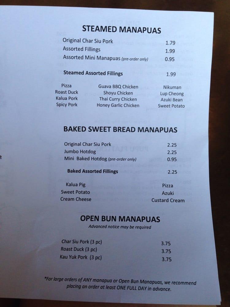 Menu at Chun Wah Kam Noodle Factory restaurant, Kapolei