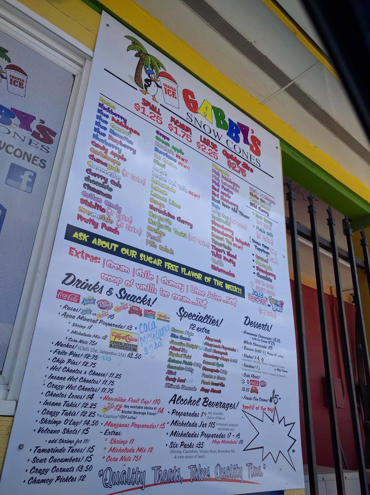 Menu at Gabby's Snow Cones desserts, Rosenberg