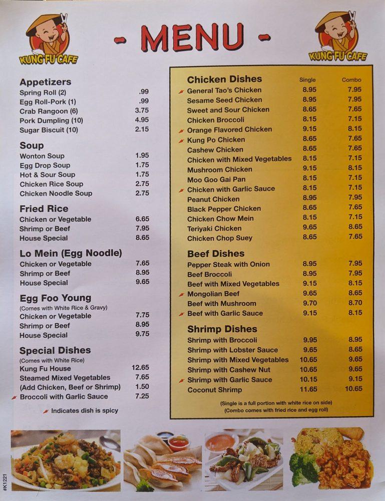 Menu at Kung Fu Cafe, Anderson