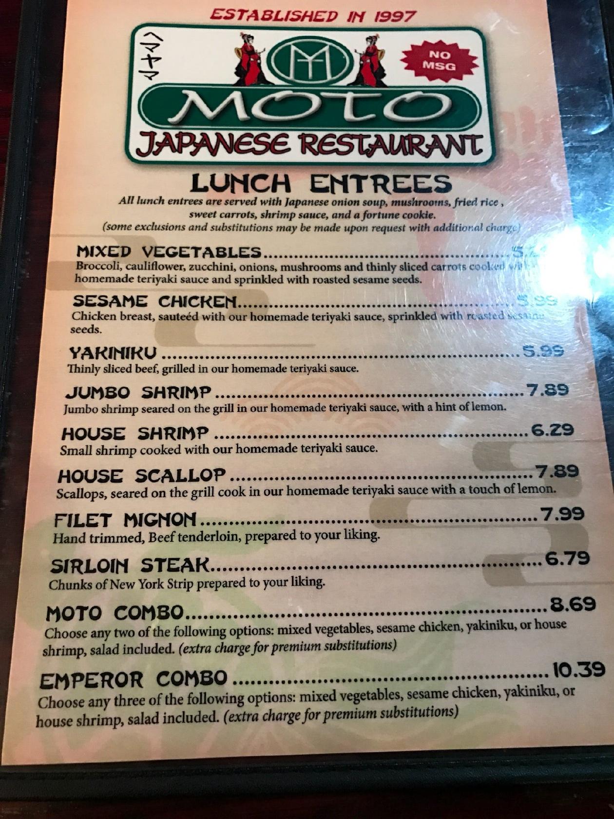 Menu at Moto Japanese Restaurant Stone Drive, Kingsport, E Stone Dr
