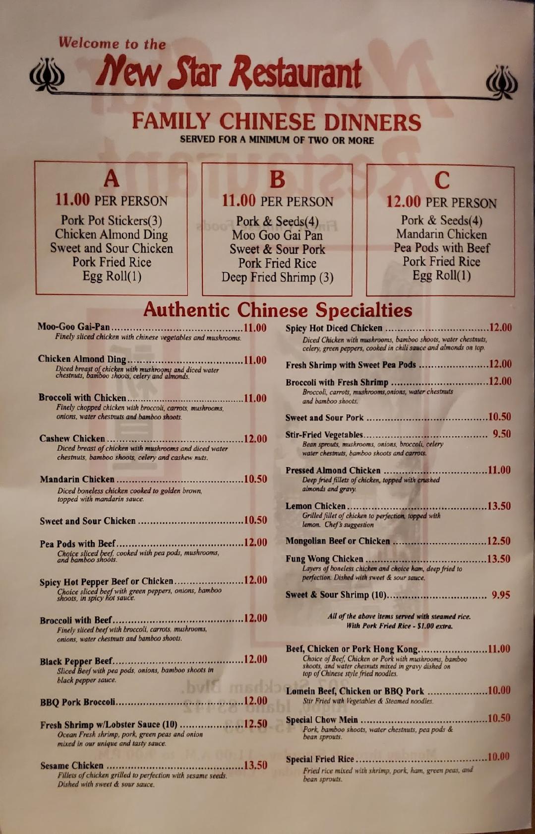 Menu at New Star Restaurant, Rigby, 207 Stockham Boulevard