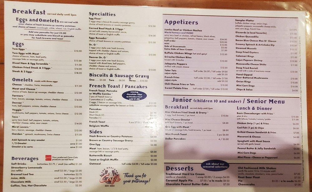 Menu at Redland Cafe, Portland