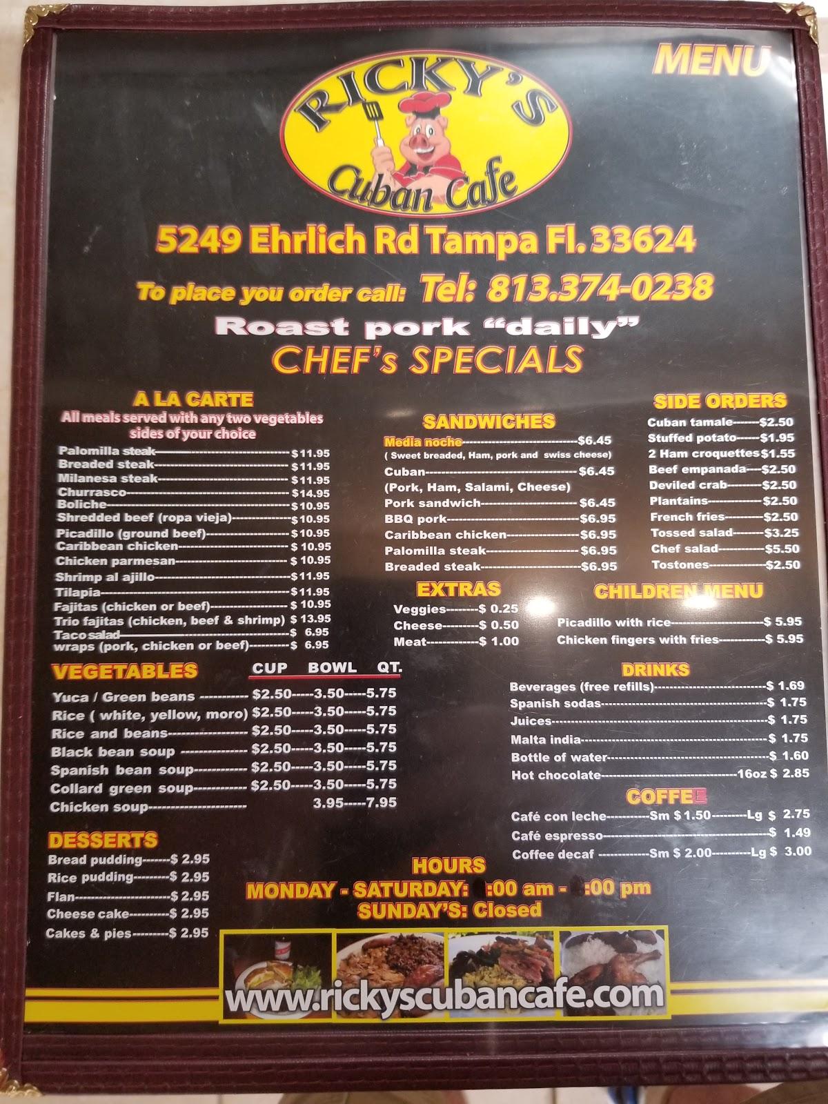Menu at Ricky's Cuban Cafe, Tampa