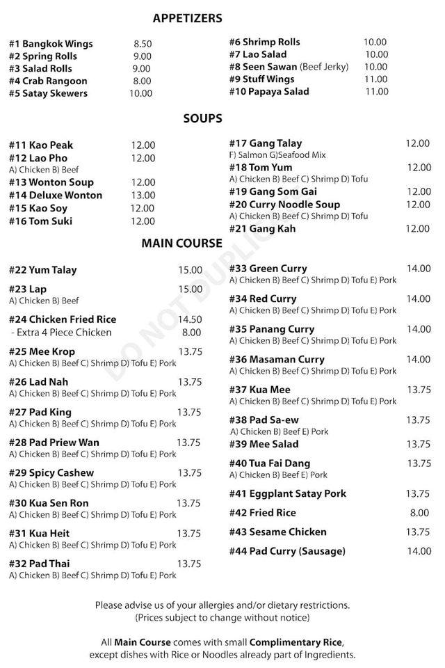 Menu at Vanxai's Restaurant, Winnipeg