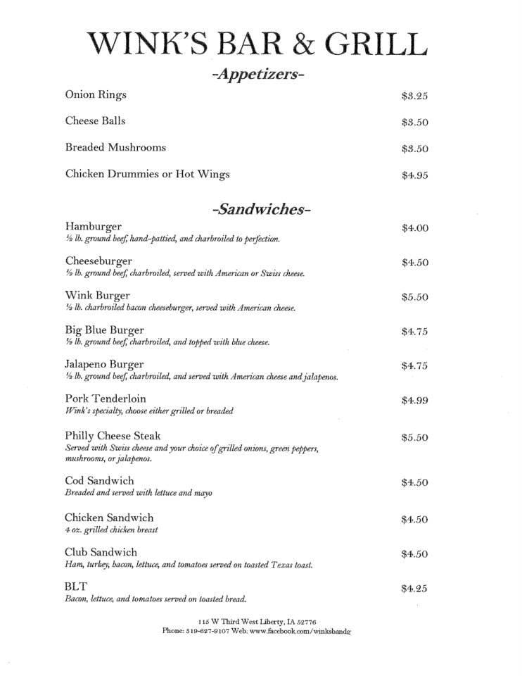 Menu at Wink's Bar & Grill, West Liberty