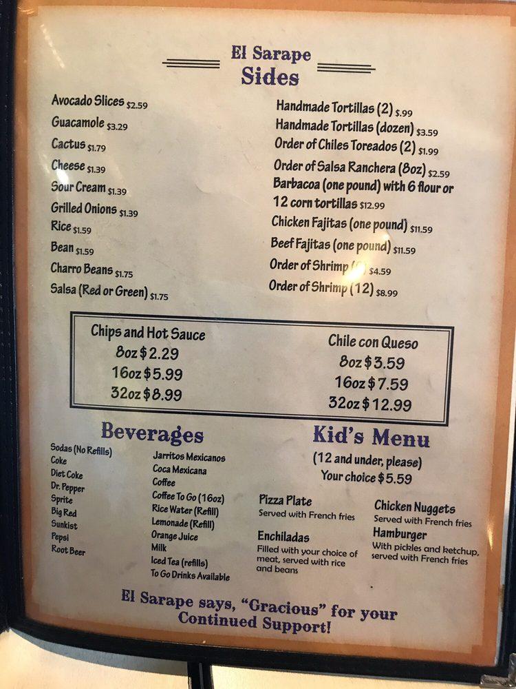 Menu at El Sarape restaurant, Little River-Academy